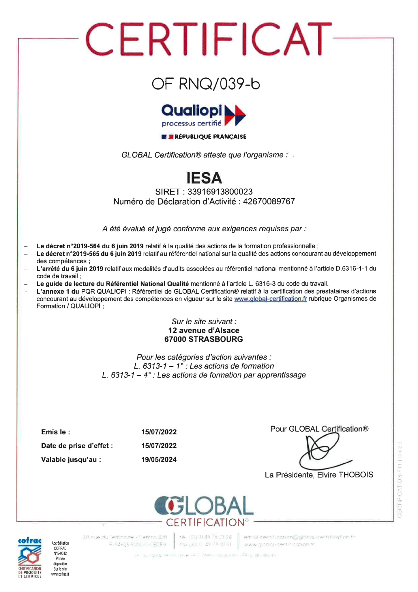Indicateurs Clée - CFA IESA Strasbourg
